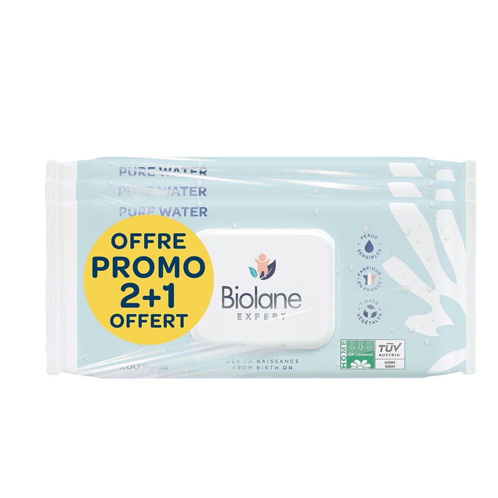 Biolane Expert Lingettes Pure Water Nettoyant bébé 3x60 - Easypara