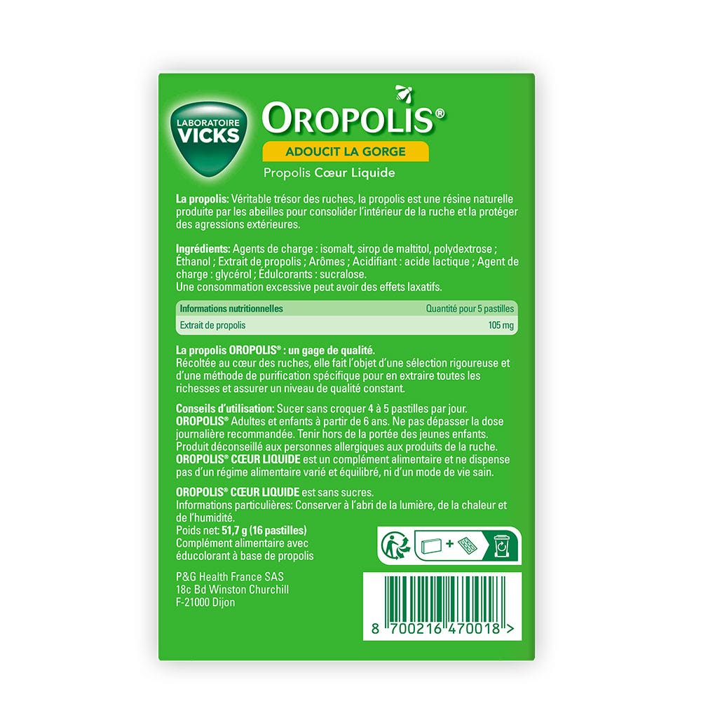 Vicks Oropolis Propolis Coeur Liquide Gout Miel 16 pastilles - Easypara