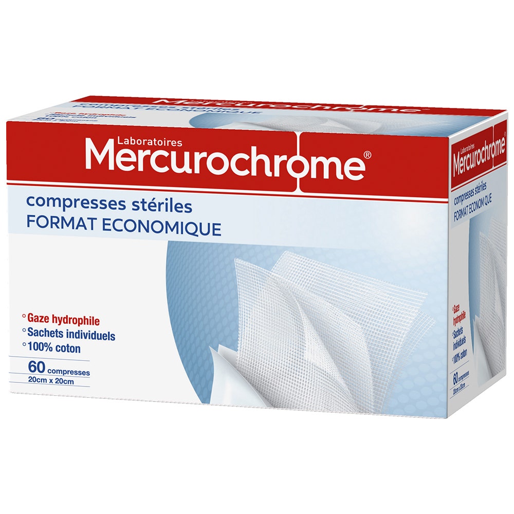 Mercurochrome Compresses Steriles 20cmx20 Format Economique X60 - Easypara