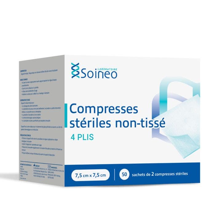 Compresses stériles non-tissé 4 plis 7,5x7,5cm x50 sachets de 2- Soineo ...